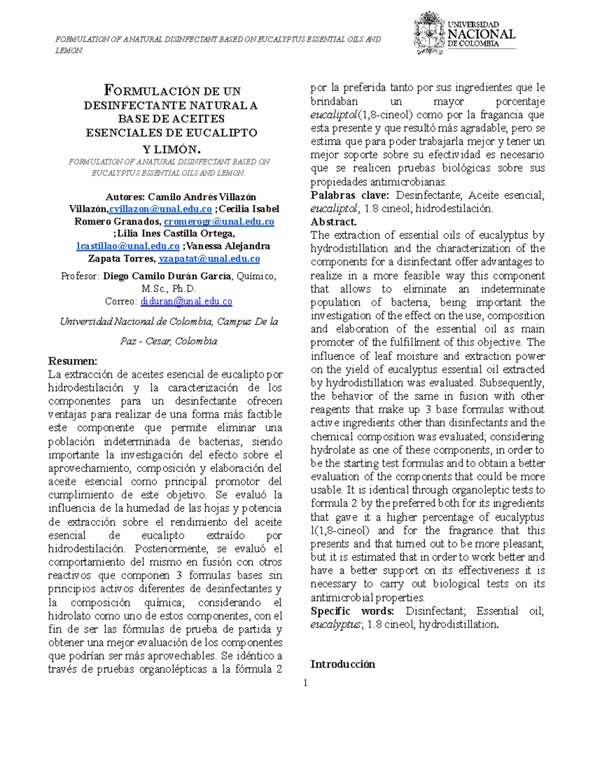 Formulación DE UN Desinfectante Natural - Química Orgánica ...