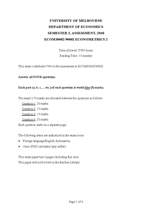 Econometrics 2 Practice Exam 2021 - THE UNIVERSITY OF MELBOURNE DEPARTMENT OF ECONOMICS ...