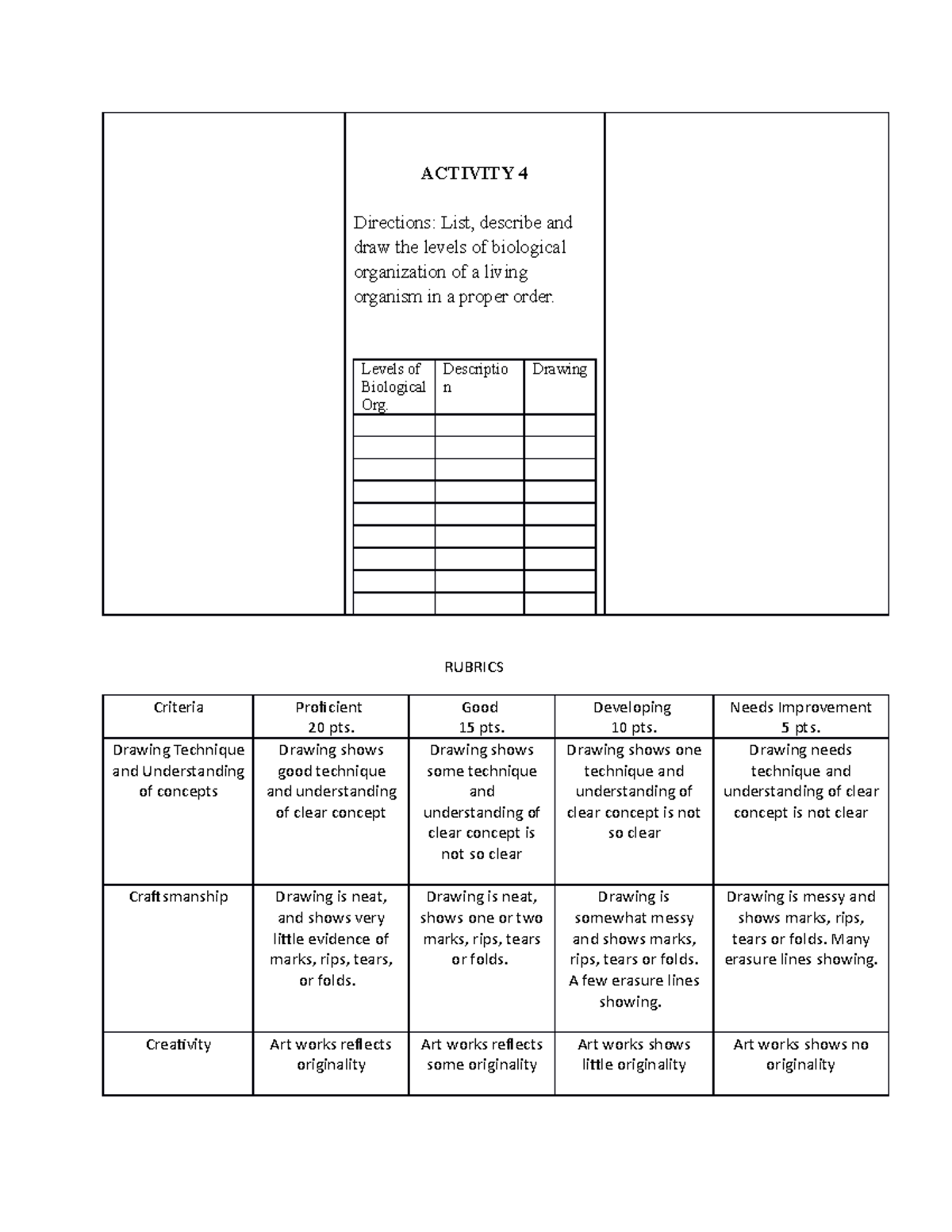 Activity 4 - levels of biological organization - ACTIVITY 4 Directions ...