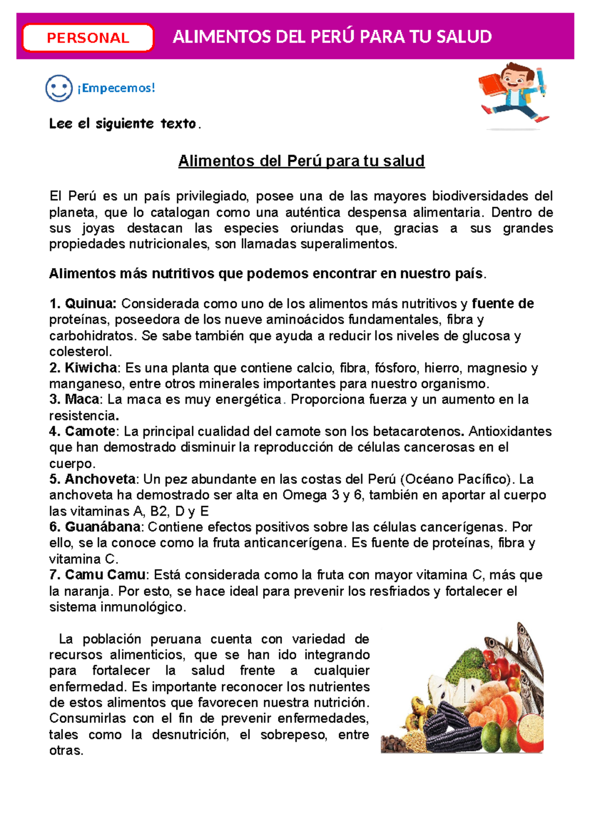 D1 A2 Ficha PS. Alimentos del Perú para tu salud - ¡Empecemos! Lee el ...