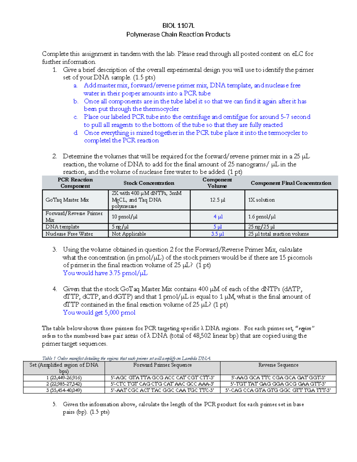 1107L PCR - Bio Lab - BIOL 1107L Polymerase Chain Reaction Products ...