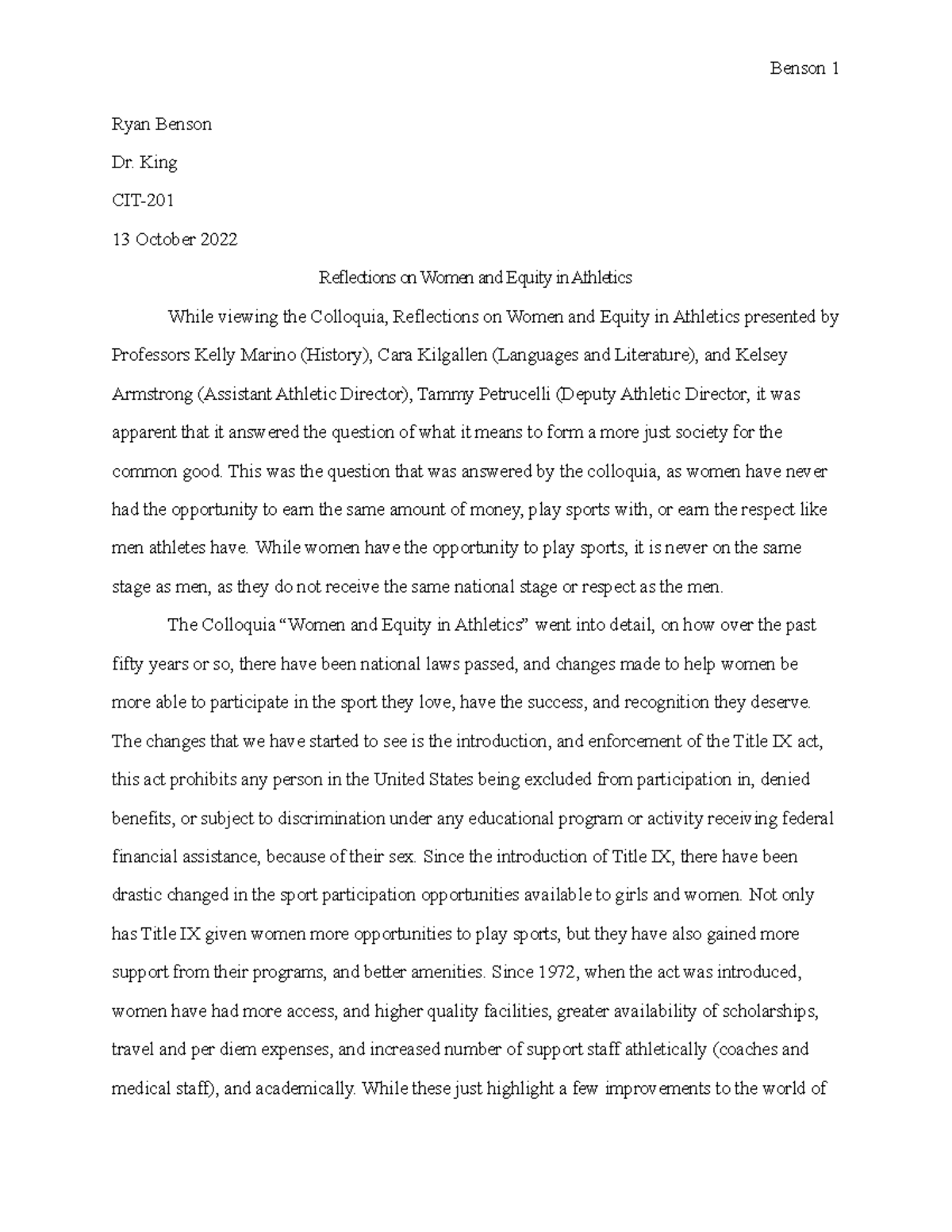 Colloquium Paper 1 - Benson 1 Ryan Benson Dr. King CIT- 13 October 2022 ...