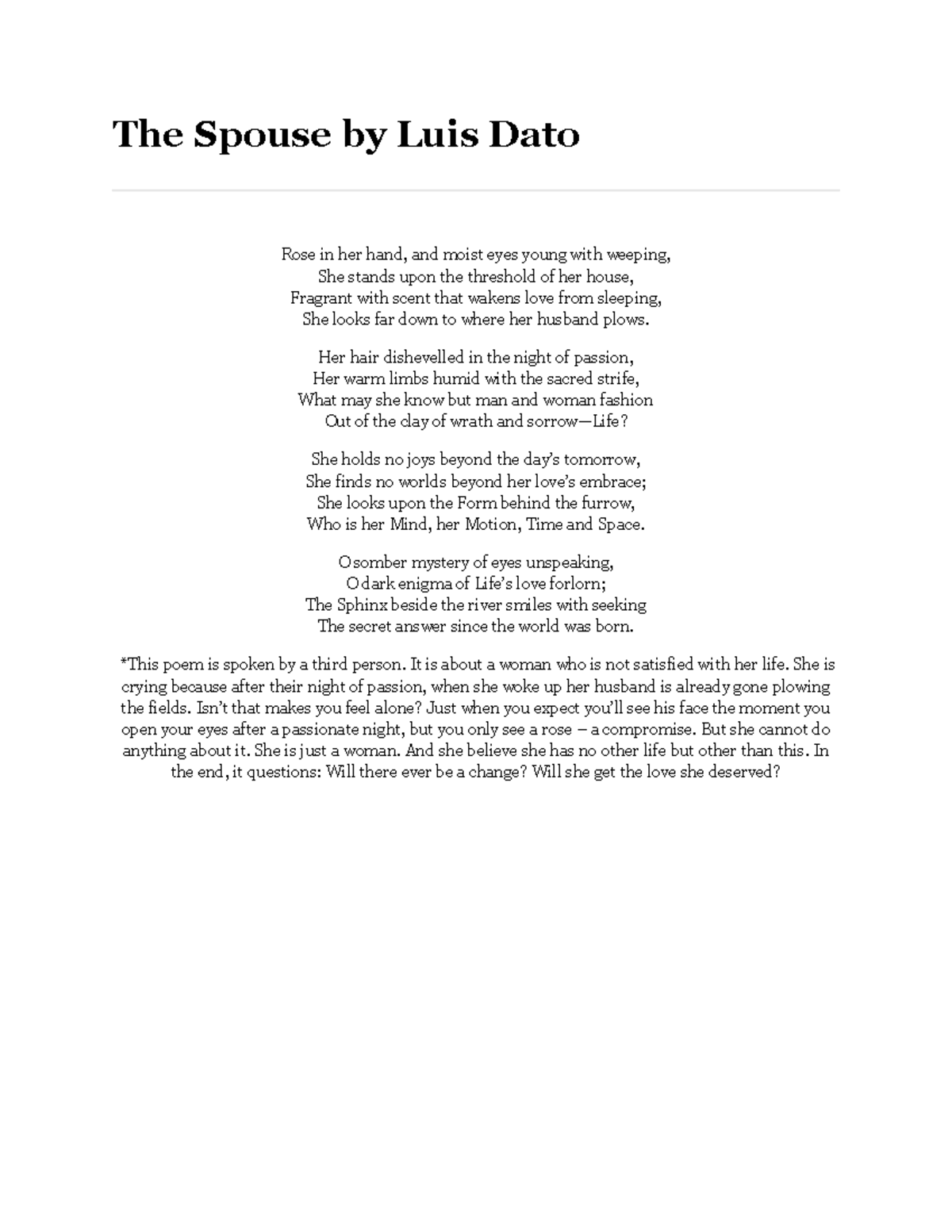 The Spouse by Luis Dato - All About poem - The Spouse by Luis Dato Rose ...