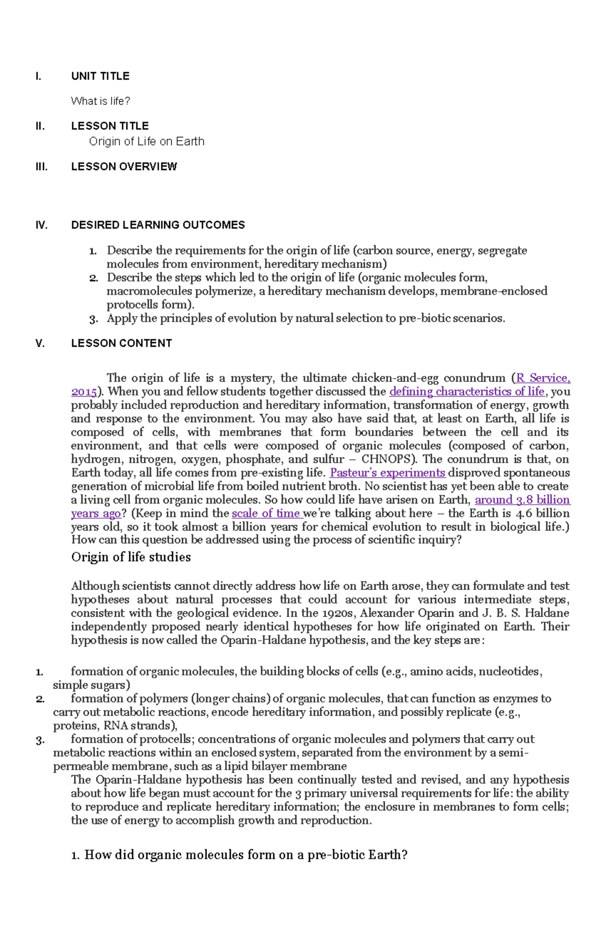Module-7-Evolutionary Biology - I. UNIT TITLE What is life? II. LESSON ...