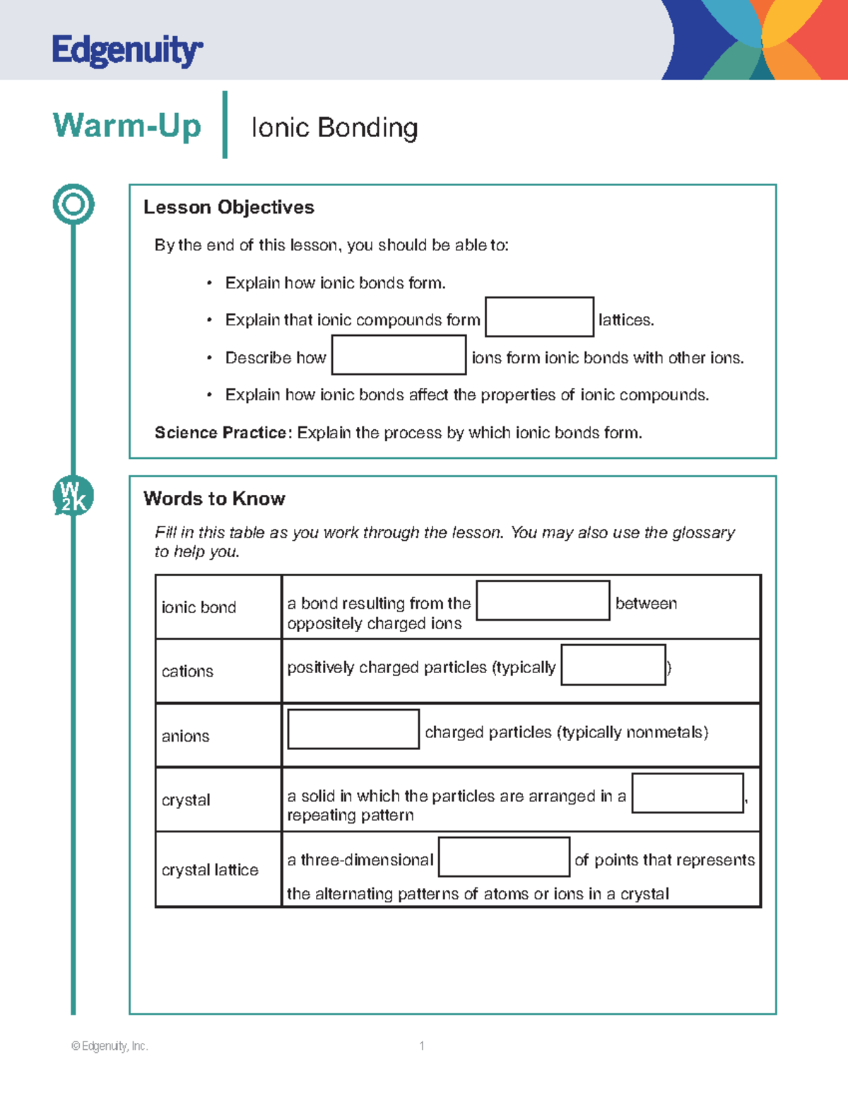 3210 03 02 Ionic Bonding GN SE - Warm-Up Ionic Bonding Words to Know ...