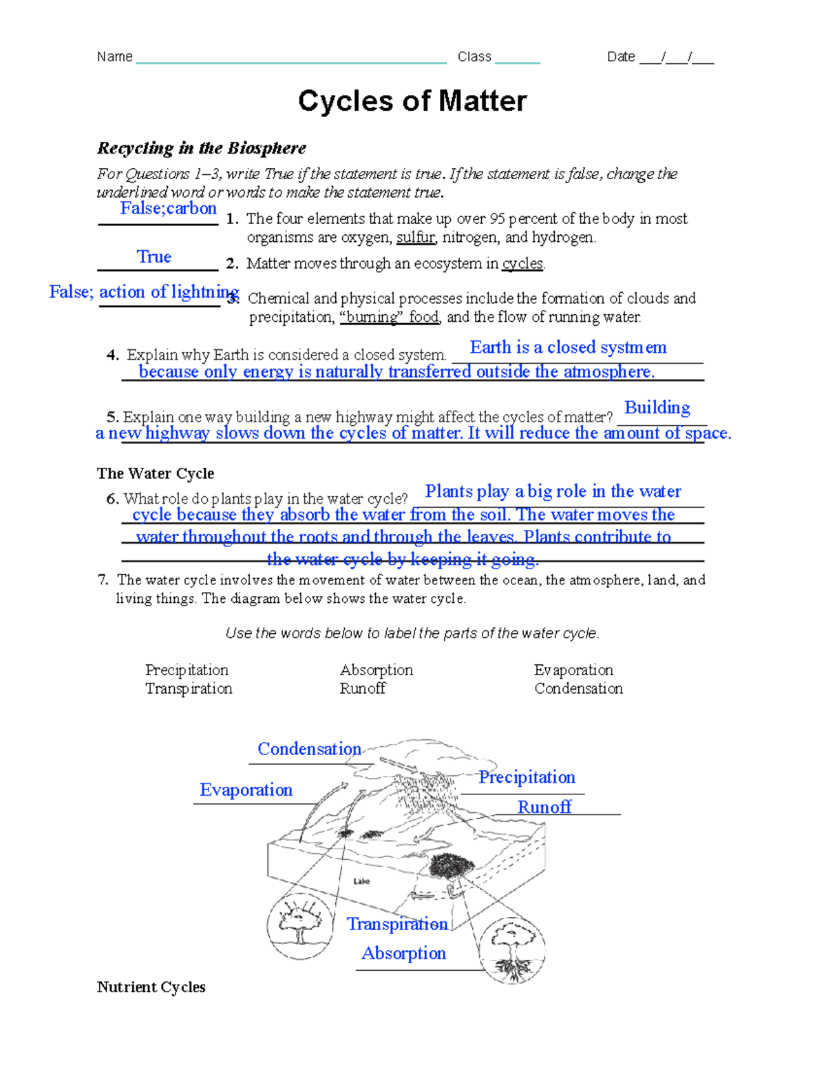 Cycles of Matter Worksheet - Name Class Date //___ Cycles of Matter ...