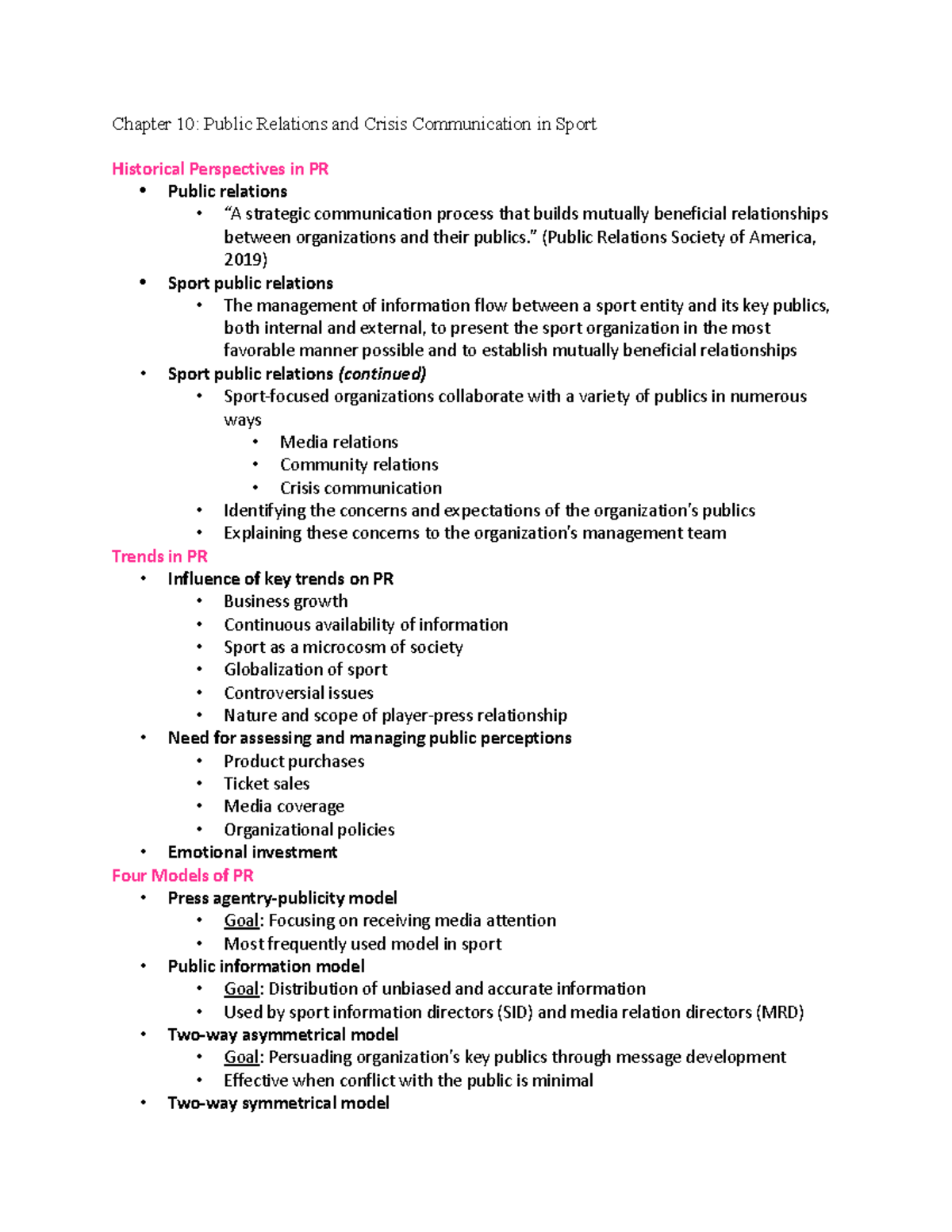 Chapter 10 SPM - Lecture notes - Chapter 10: Public Relations and ...