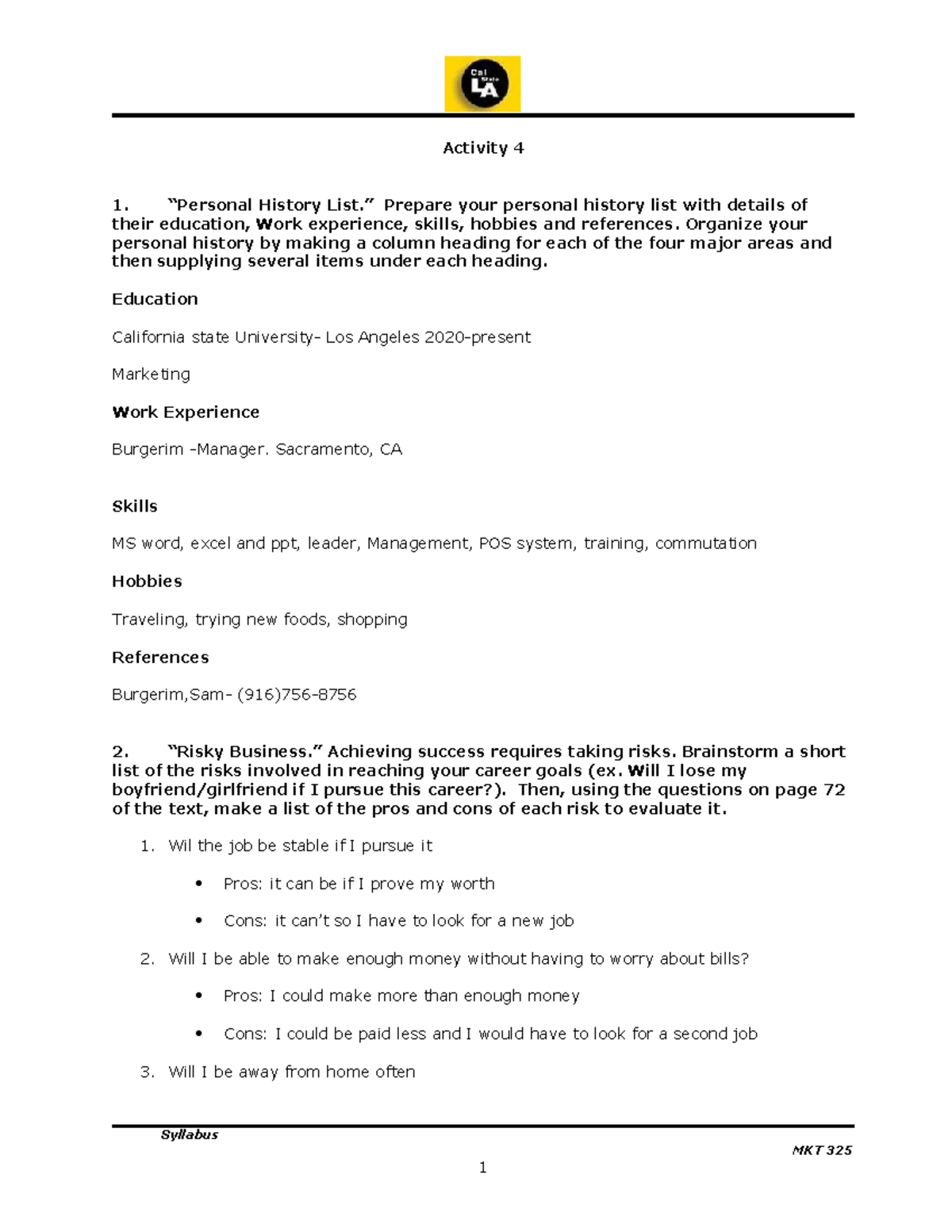 individual activity in class and take home - Activity 4 1. “Personal ...