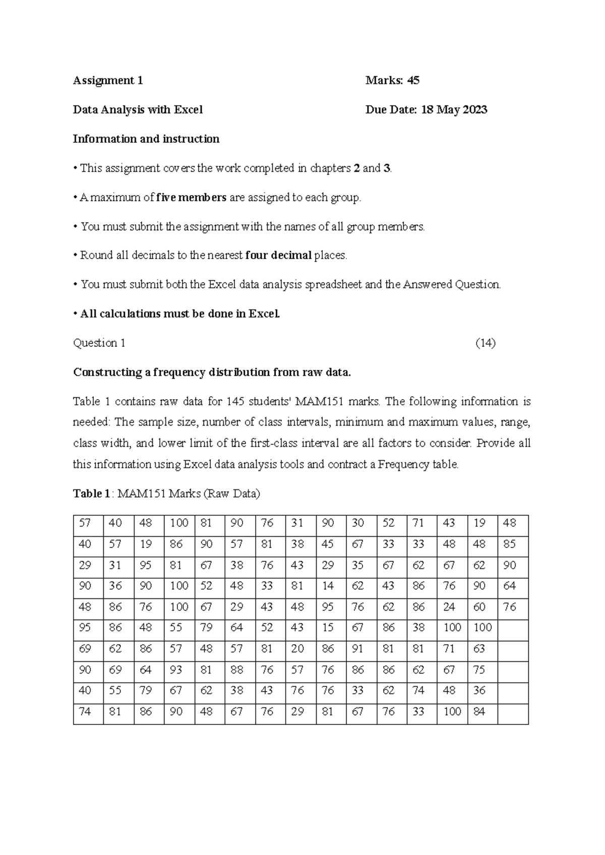 Assignment 1 2023 - Assignment 1 Marks: 45 Data Analysis with Excel Due Date: 18 May 2023 - Studocu