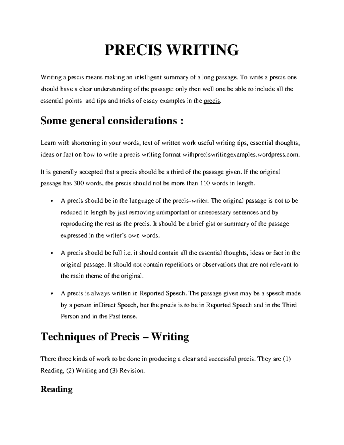 Precis- Writing - PRECIS WRITING Writing a precis means making an intelligent summary of a long ...