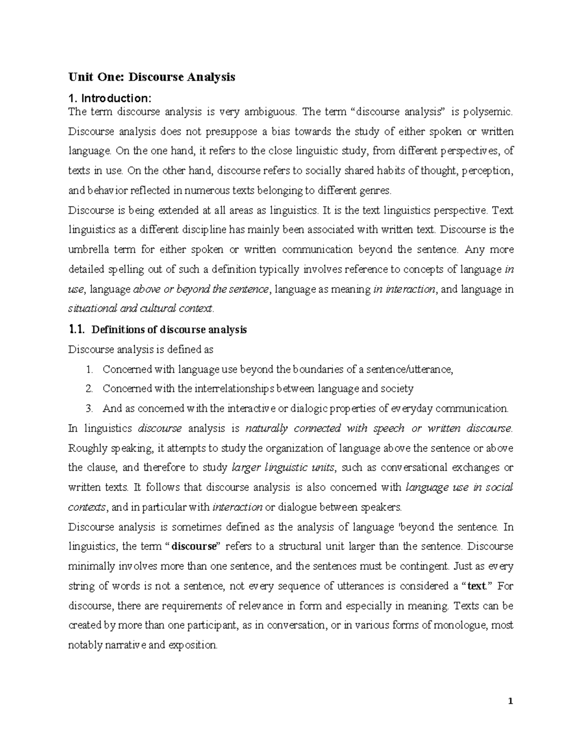 Discourse Analysis Han Unit One Discourse Analysis Introduction The Term Discourse Analysis