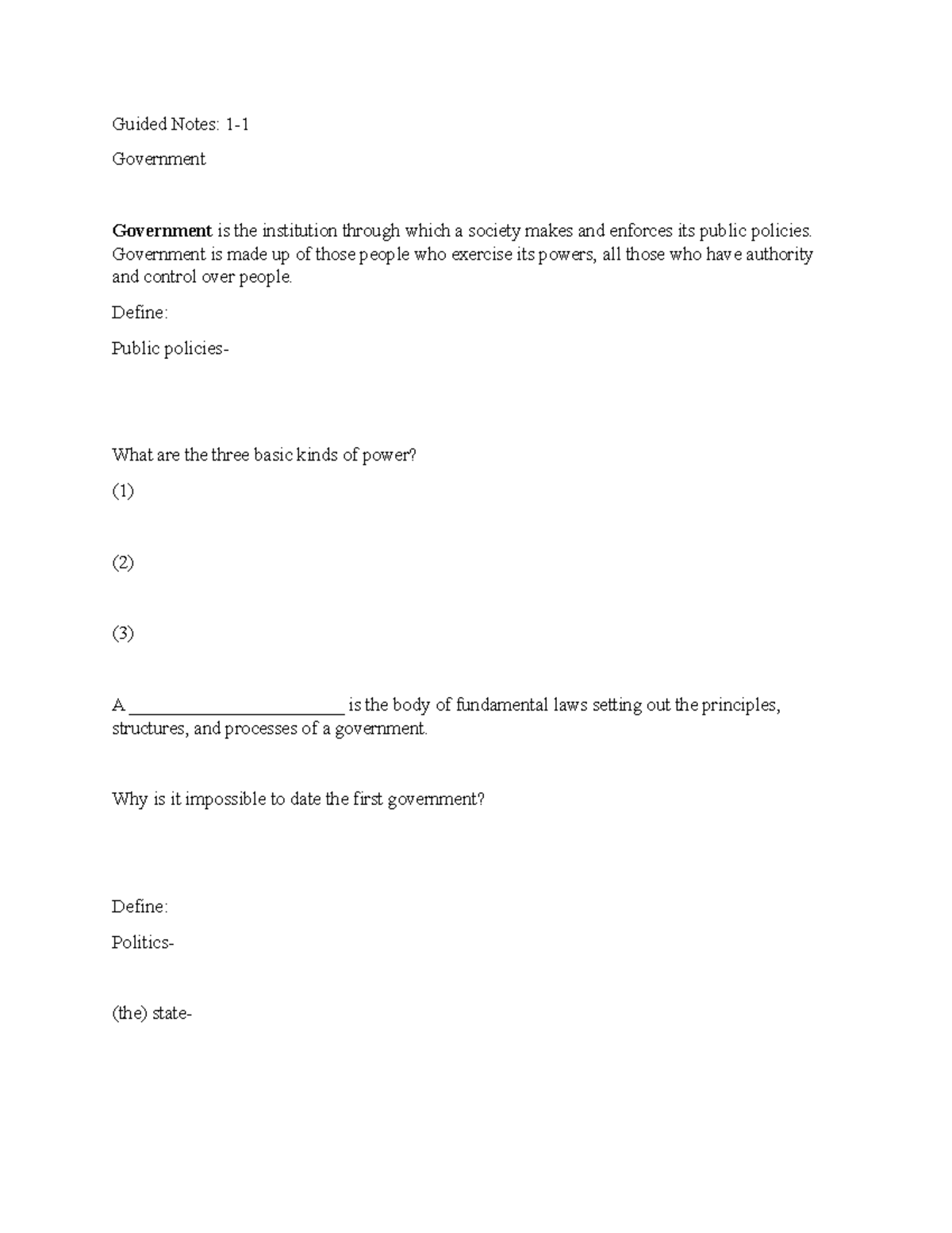 01 01 Guided Notes Government - Guided Notes: 1- Government Government ...