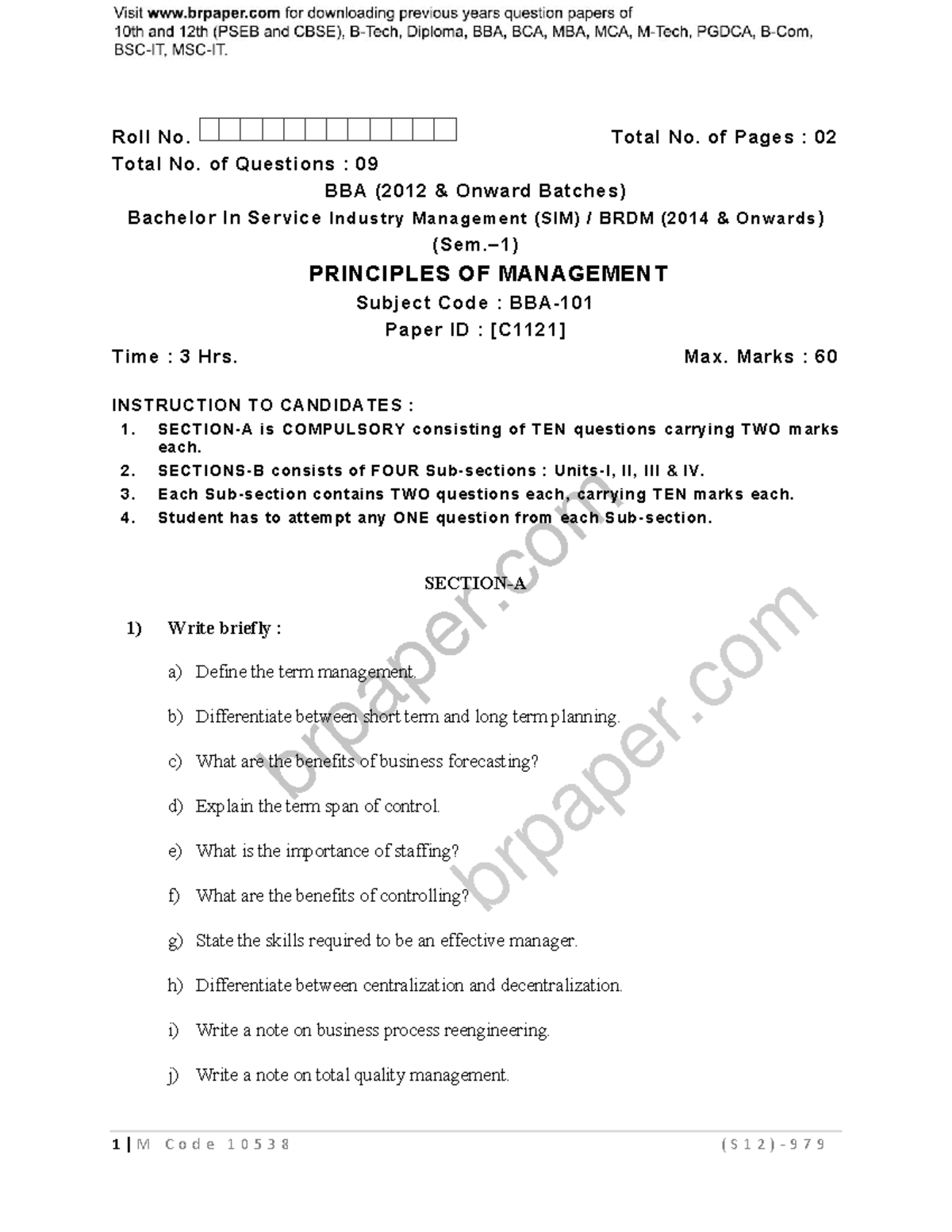 Principles of Management Question Papers - | M10538 Page 2 of 2 Explain ...