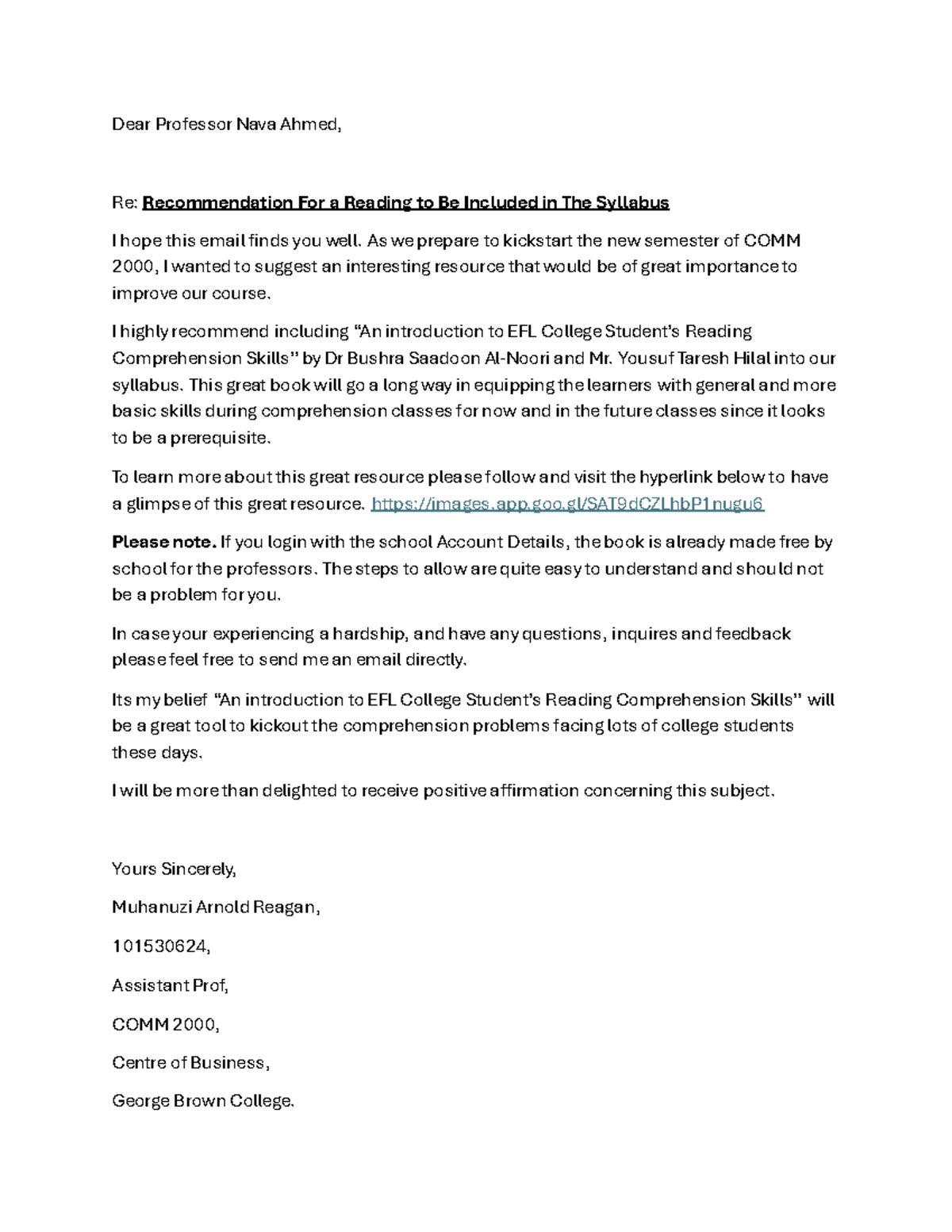 Email Assignment - Dear Professor Nava Ahmed, Re: Recommendation For a ...