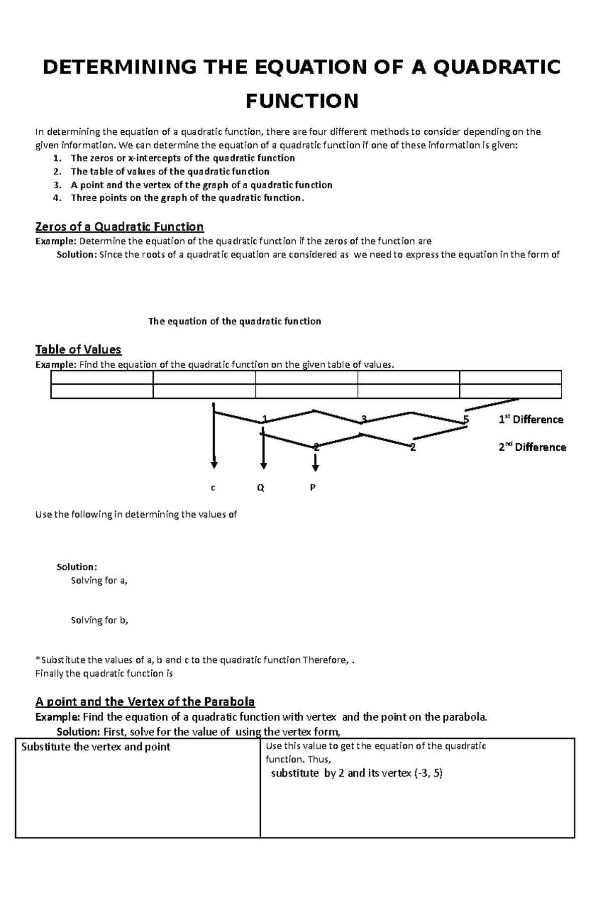 Determining The Equation Of A Quadratic Function Determining The Equation Of A Quadratic