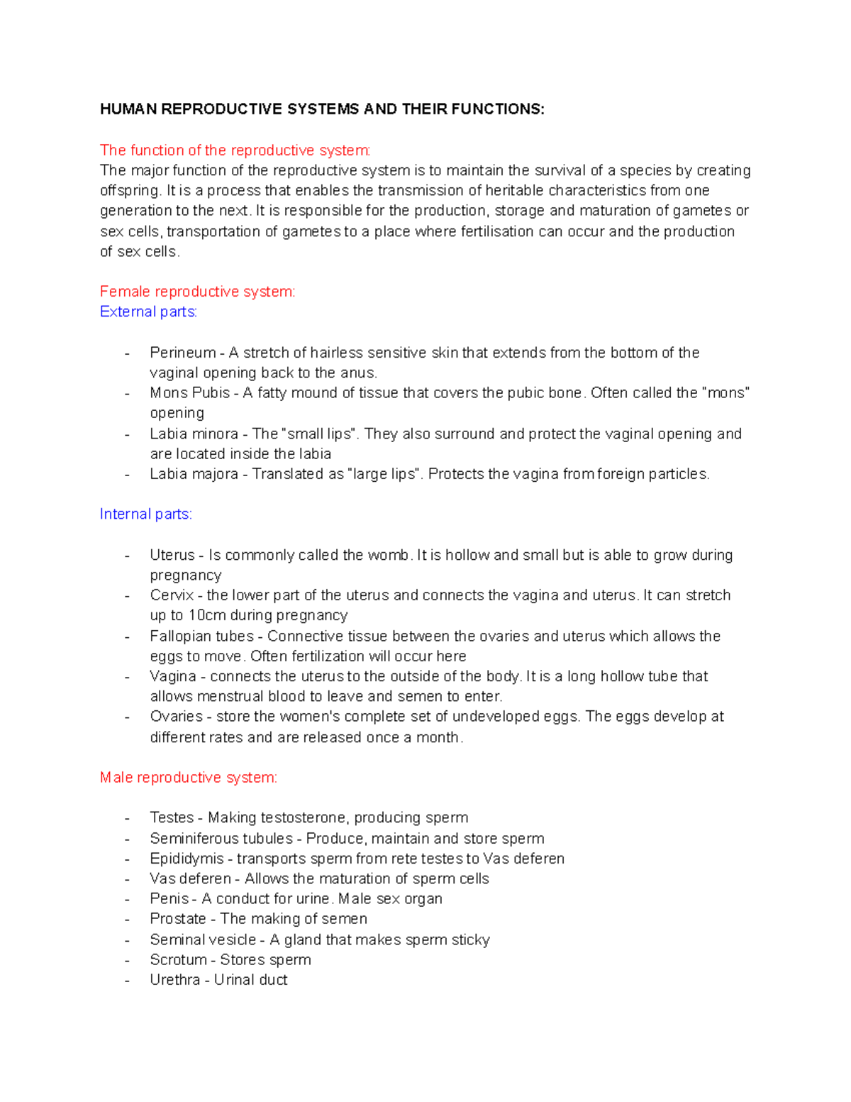 Science Notes 2021 SEM1 - HUMAN REPRODUCTIVE SYSTEMS AND THEIR ...