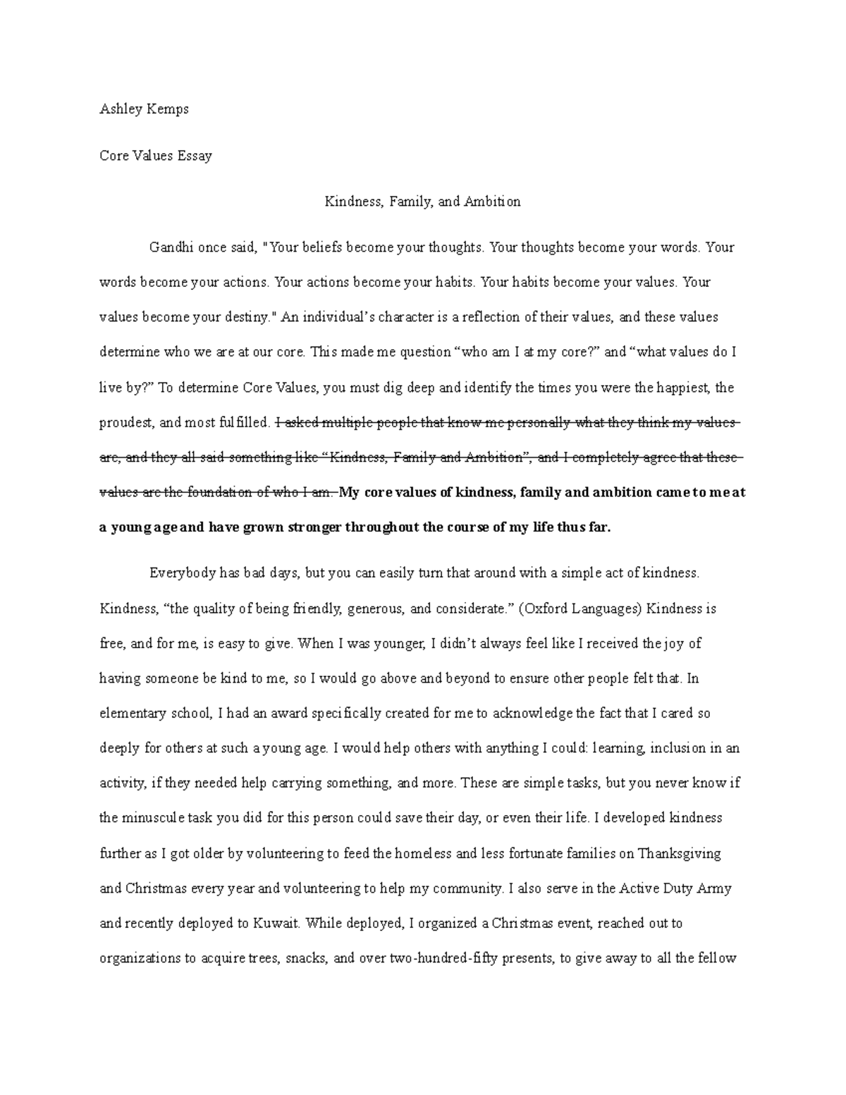 Core Values Essay Final Copy with edits- Ashley Kemps - Ashley Kemps ...