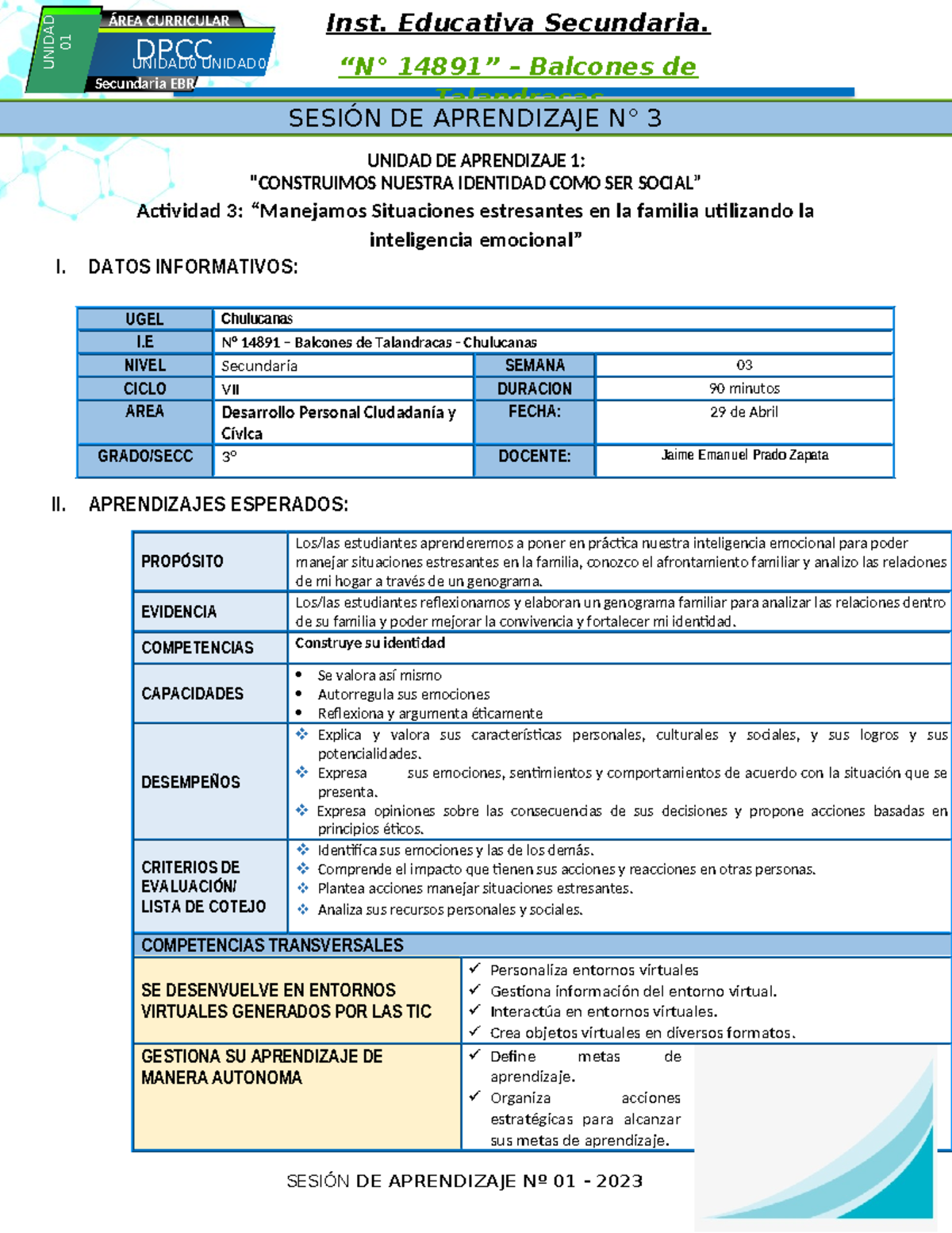 3º DPCC SES 3 UNI 1 SEM 03 - 2023 - Inst. Educativa Secundaria. “N° 14891” – Balcones de ...
