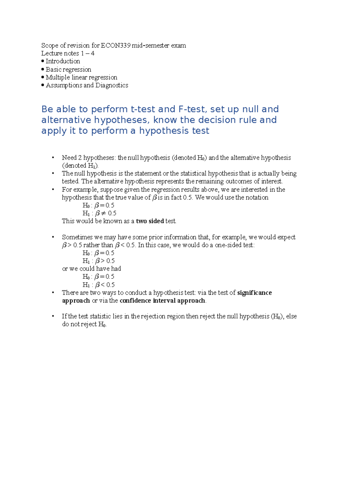 Scope of revision for ECON339 mid - The null hypothesis is the ...