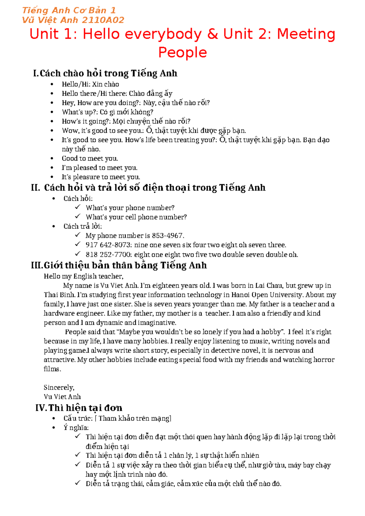ĐỀ CƯƠNG ÔN TẬP - Vũ Việt Anh 2110A Unit 1: Hello everybody & Unit 2 ...