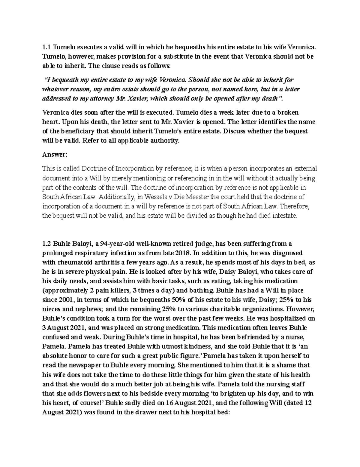 ERF222 Tutorial 2 Answers 2023 - 1 Tumelo executes a valid will in ...