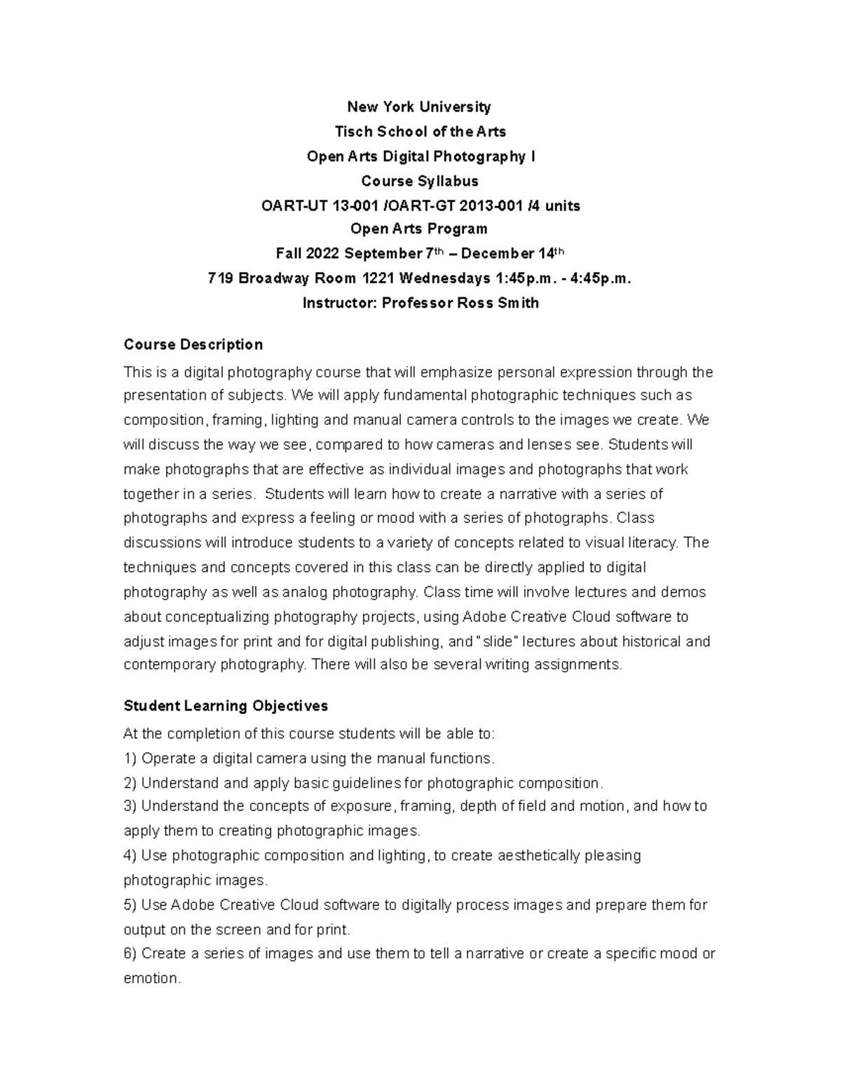 Open Arts Digital Photo I Syllabus Fall 2022 - New York University ...