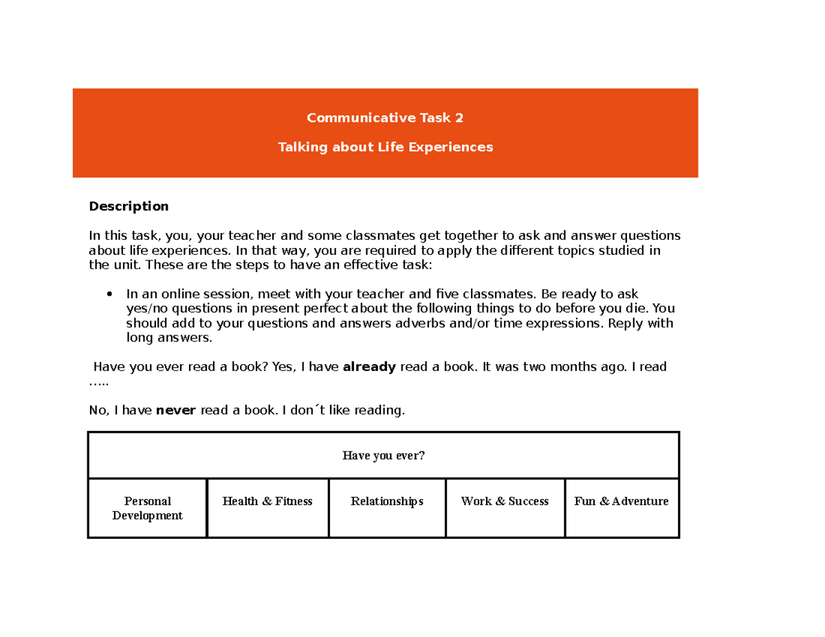 Communicative Task 2 level 4 - Communicative Task 2 Talking about Life ...