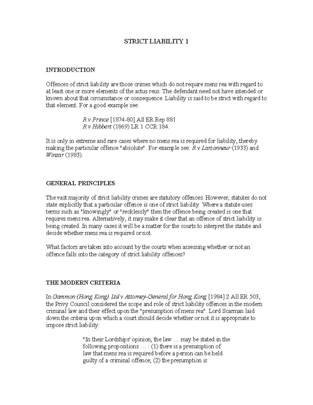Strict Liability 1 - notes - STRICT LIABILITY 1 INTRODUCTION Offences ...