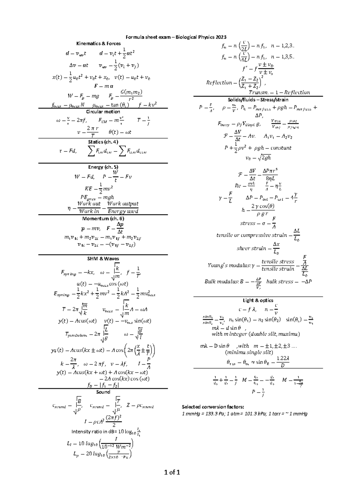 EXAM formula's - Formula sheet for the exam - 1 of 1 Formula sheet exam ...