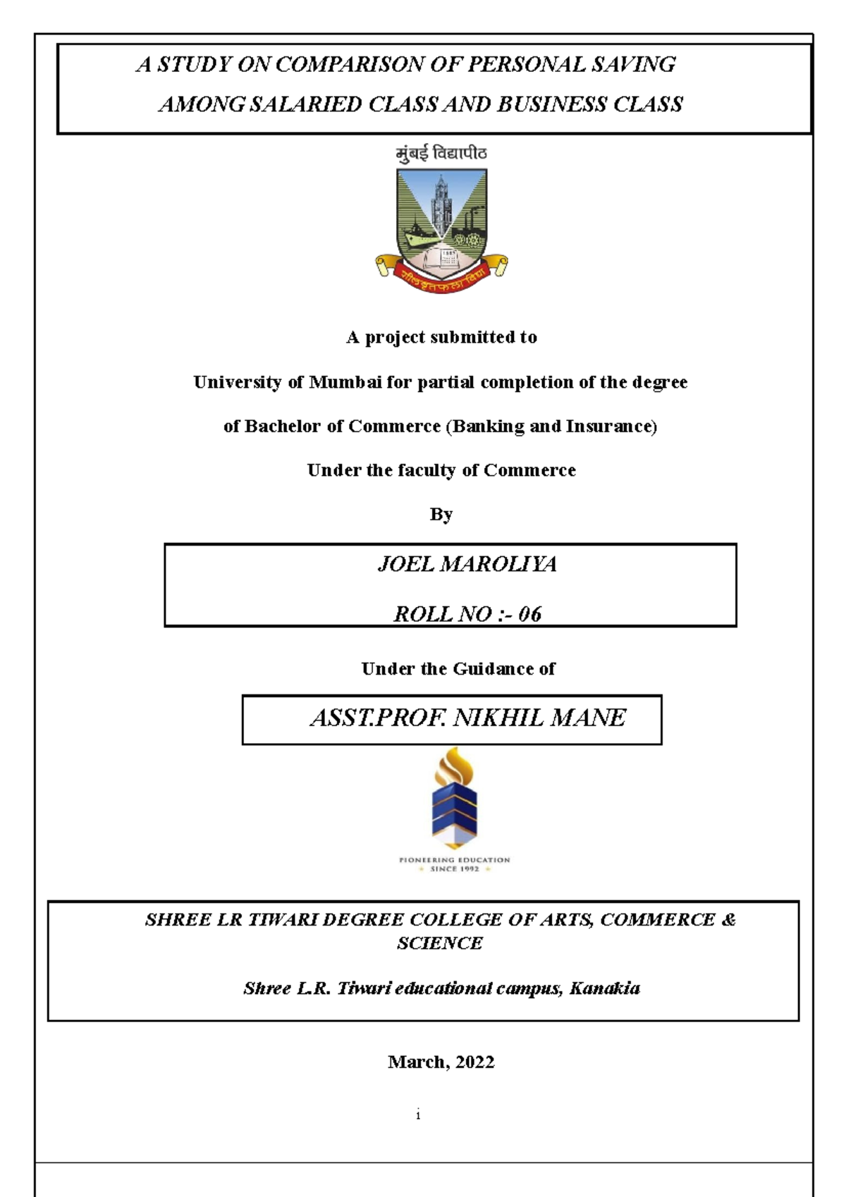 Final Black book Project 0(JOEL) - i A STUDY ON COMPARISON OF PERSONAL ...
