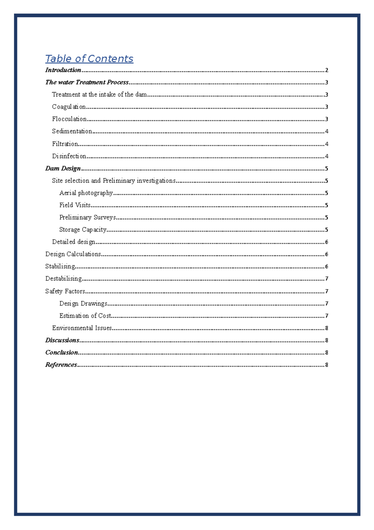 Water Eng Dam Design 1 - Table of Contents Introduction - Studocu