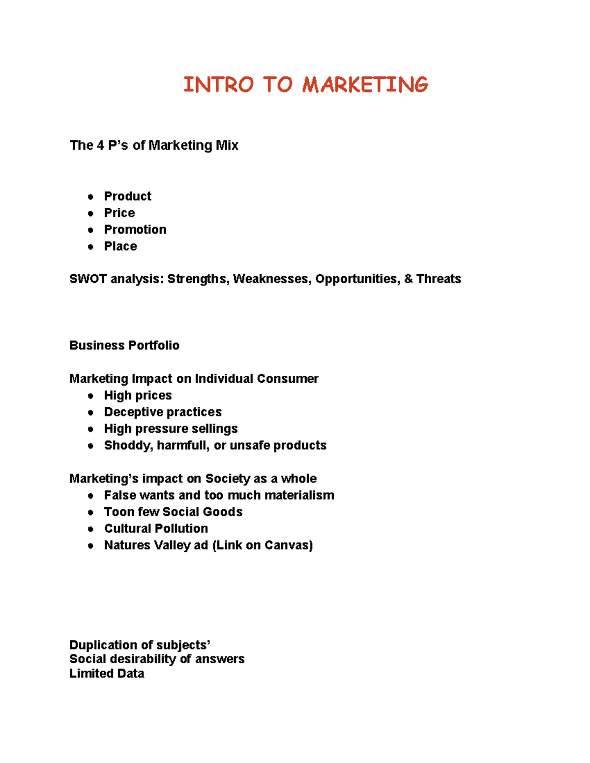 Buad 301- Intro to Marketing - INTRO TO MARKETING The 4 P’s of ...