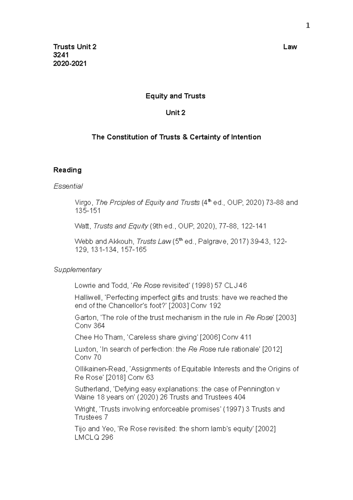 Trusts 2 - Handout (2020) - Trusts Unit 2 Law 3241 2020- Equity and ...