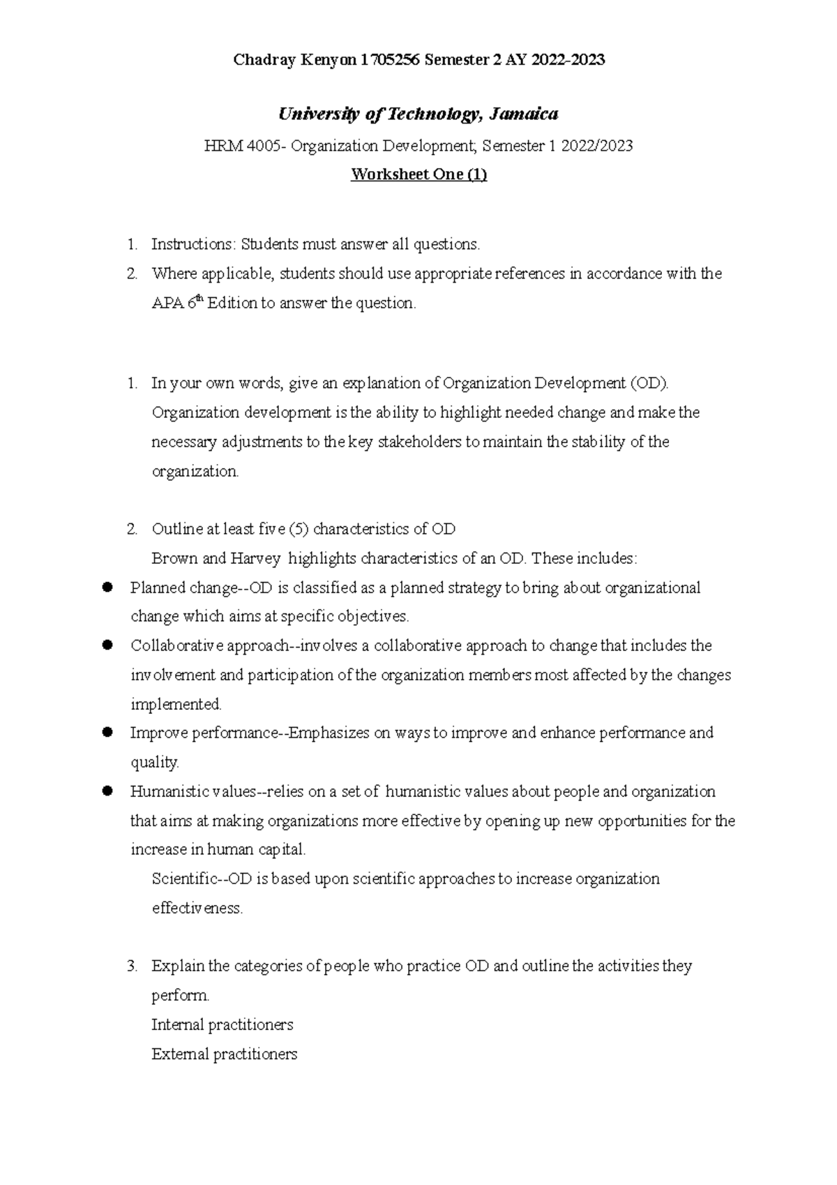 Tutorial Worksheet #1 Answers - University of Technology, Jamaica HRM ...