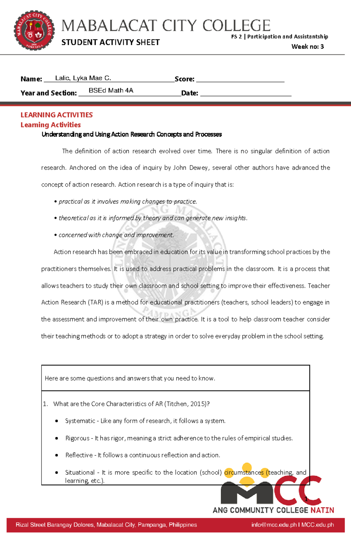 FS2 SAS Week 3 Lalic - FS2 - STUDENT ACTIVITY SHEET Week no: 3 Name ...