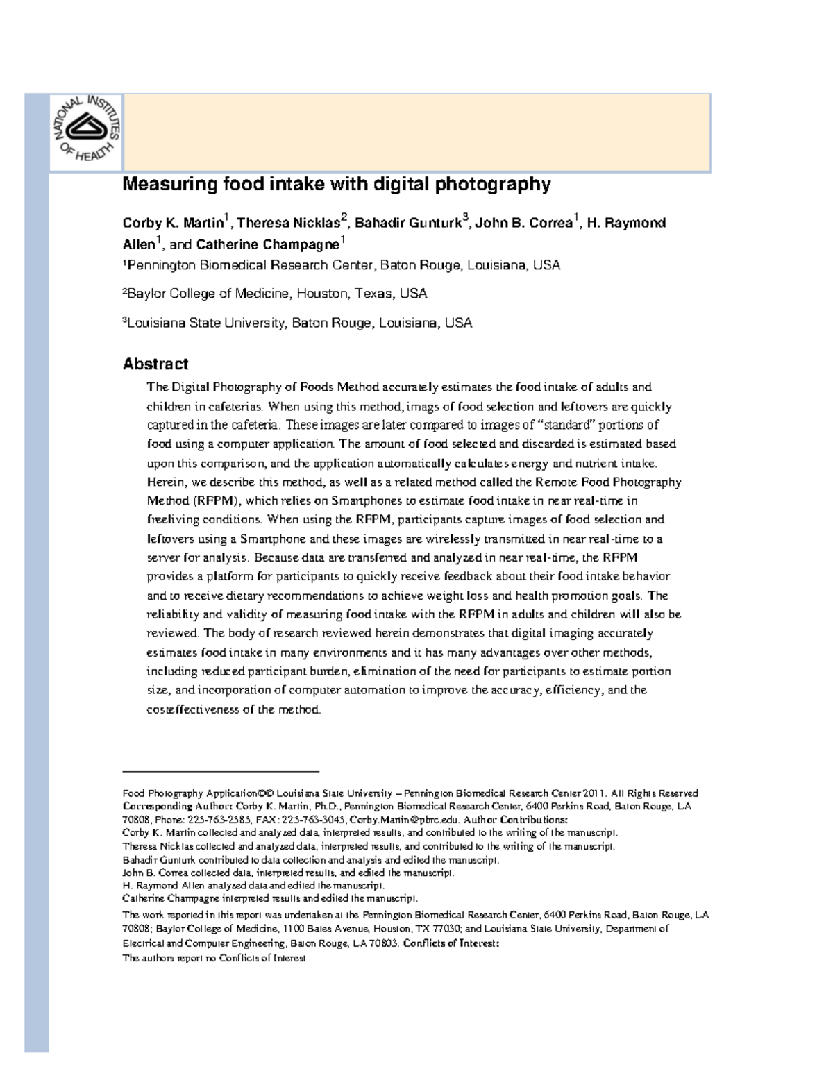 Measuring food intake with digital photography - Martin 1 , Theresa ...