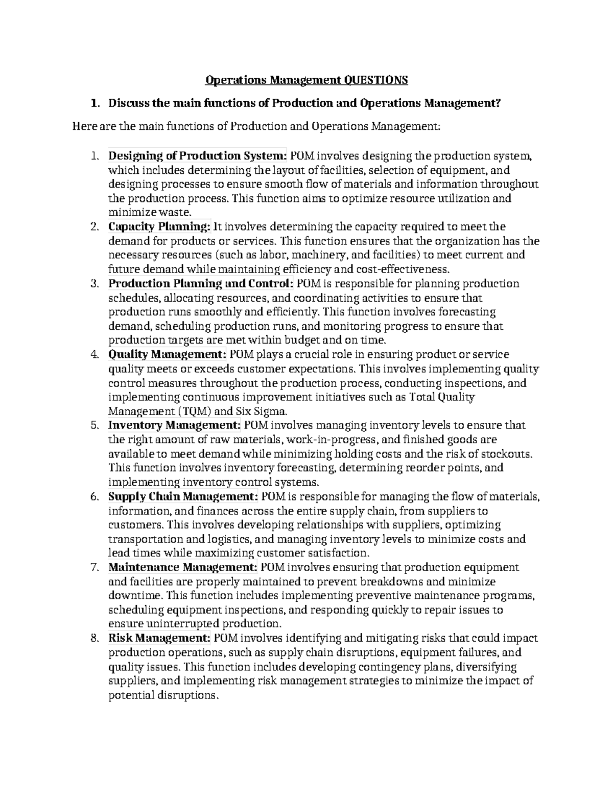 Operations Management- questions - Operations Management QUESTIONS ...