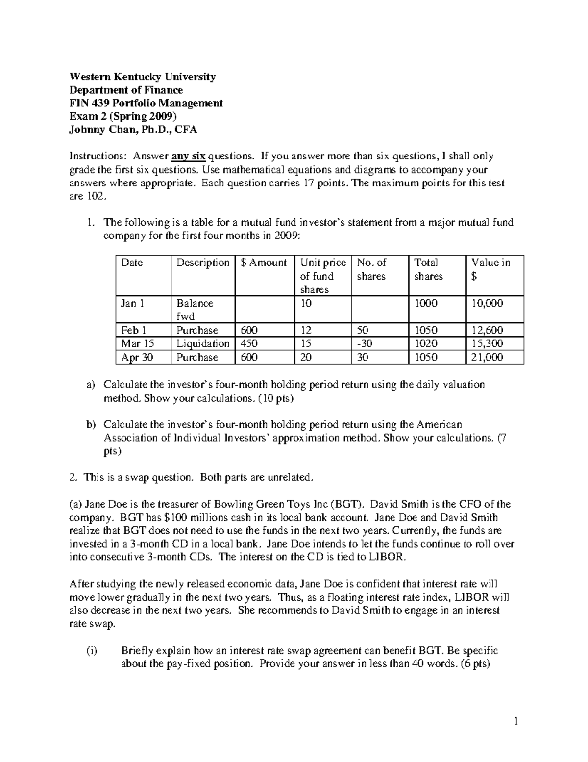 FIN439Exam2 - Business finance Practice exam 2 - Western Kentucky ...