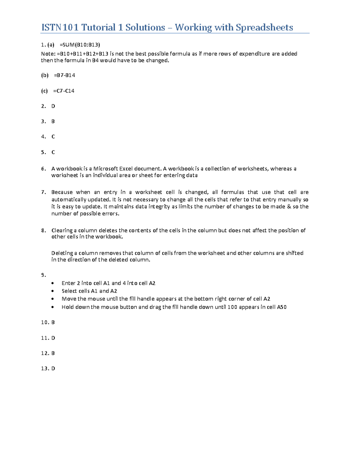 ISTN101 Tutorial 1 - Spreadsheets 1 Solutions 2020 - ISTN101 Tutorial 1 Solutions – Working with ...