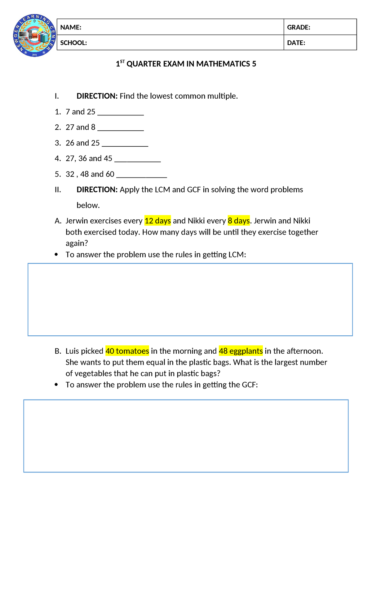 MATH 1ST Q - math lessons - 1 ST QUARTER EXAM IN MATHEMATICS 5 I ...