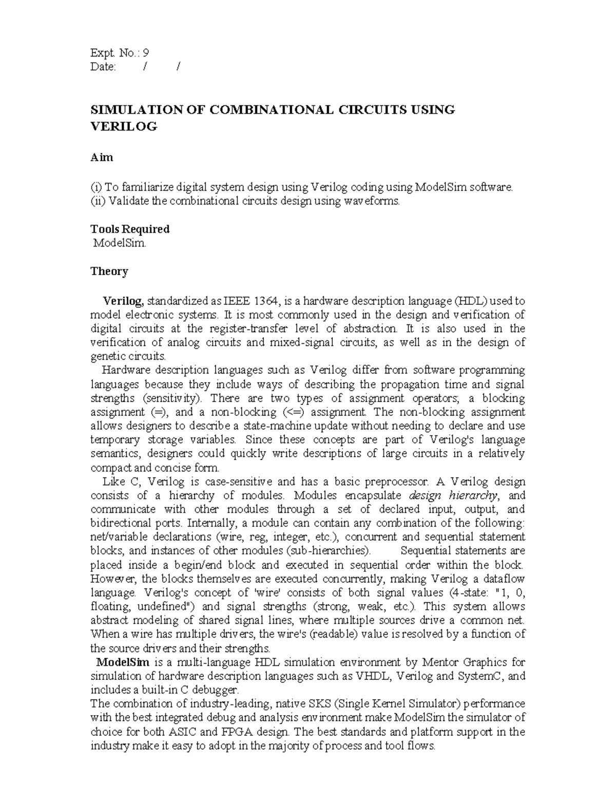 Digital lab manual-editd-1 231121 193047 - Expt. No.: 9 Date: / / SIMULATION OF COMBINATIONAL ...