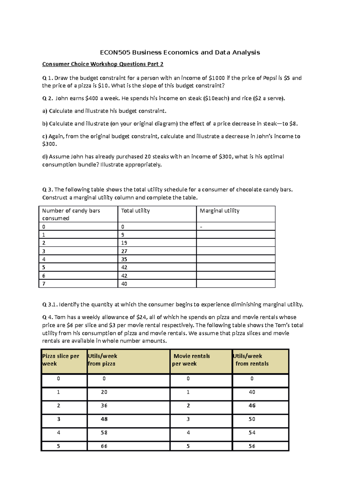 Topic 1 Consumer choice theory Part 2 worksheet - ECON505 Business ...
