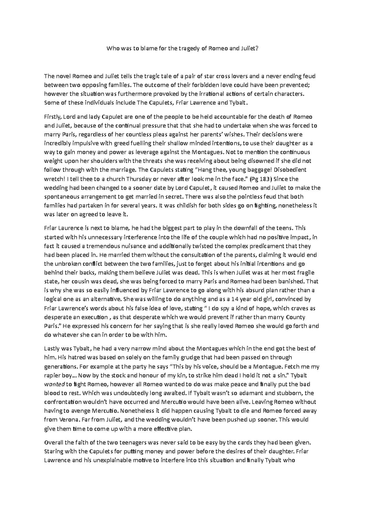 Romeo and juliet test - Who was to blame for the tragedy of Romeo and ...