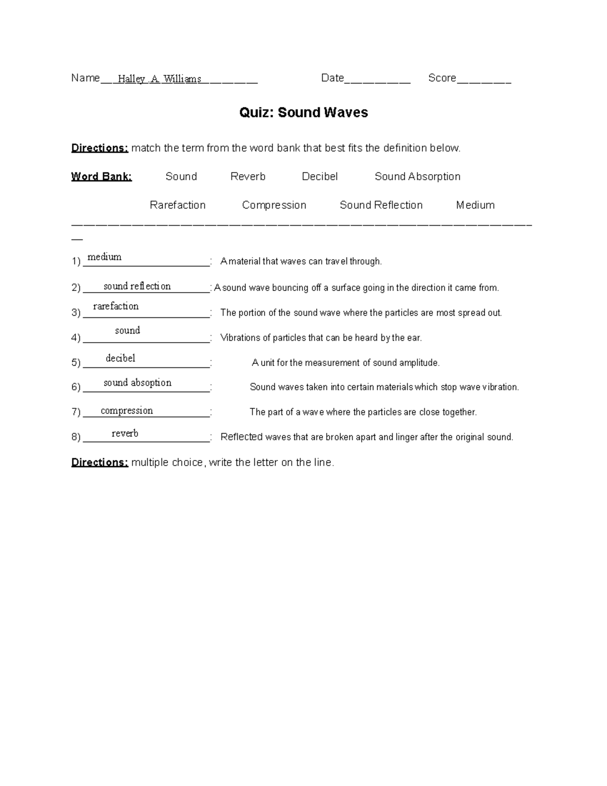 Halley Williams - Sound Quiz - Name__________________________ Date___________ Score ...