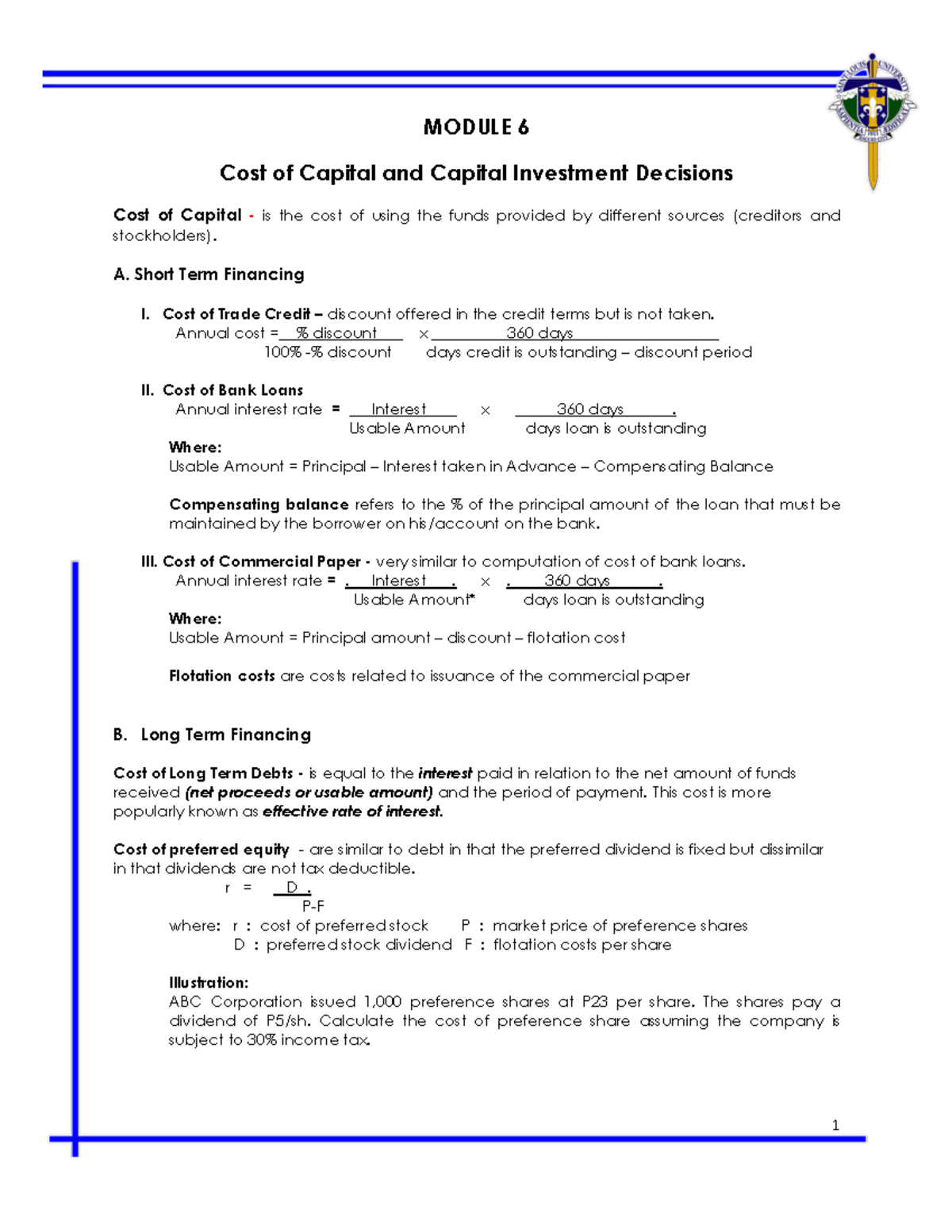 Module 6 Capital Budgeting - MODULE 6 Cost of Capital and Capital ...