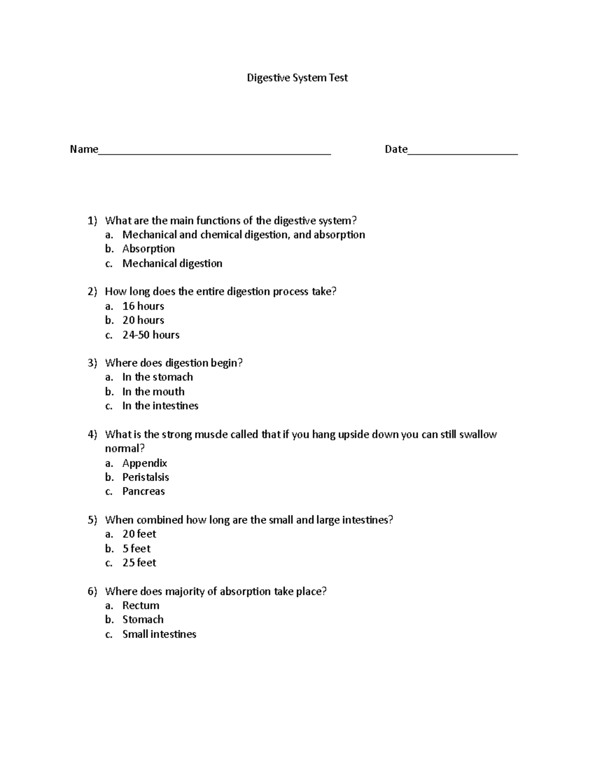 Digestive System Test - test - Digestive System Test Name