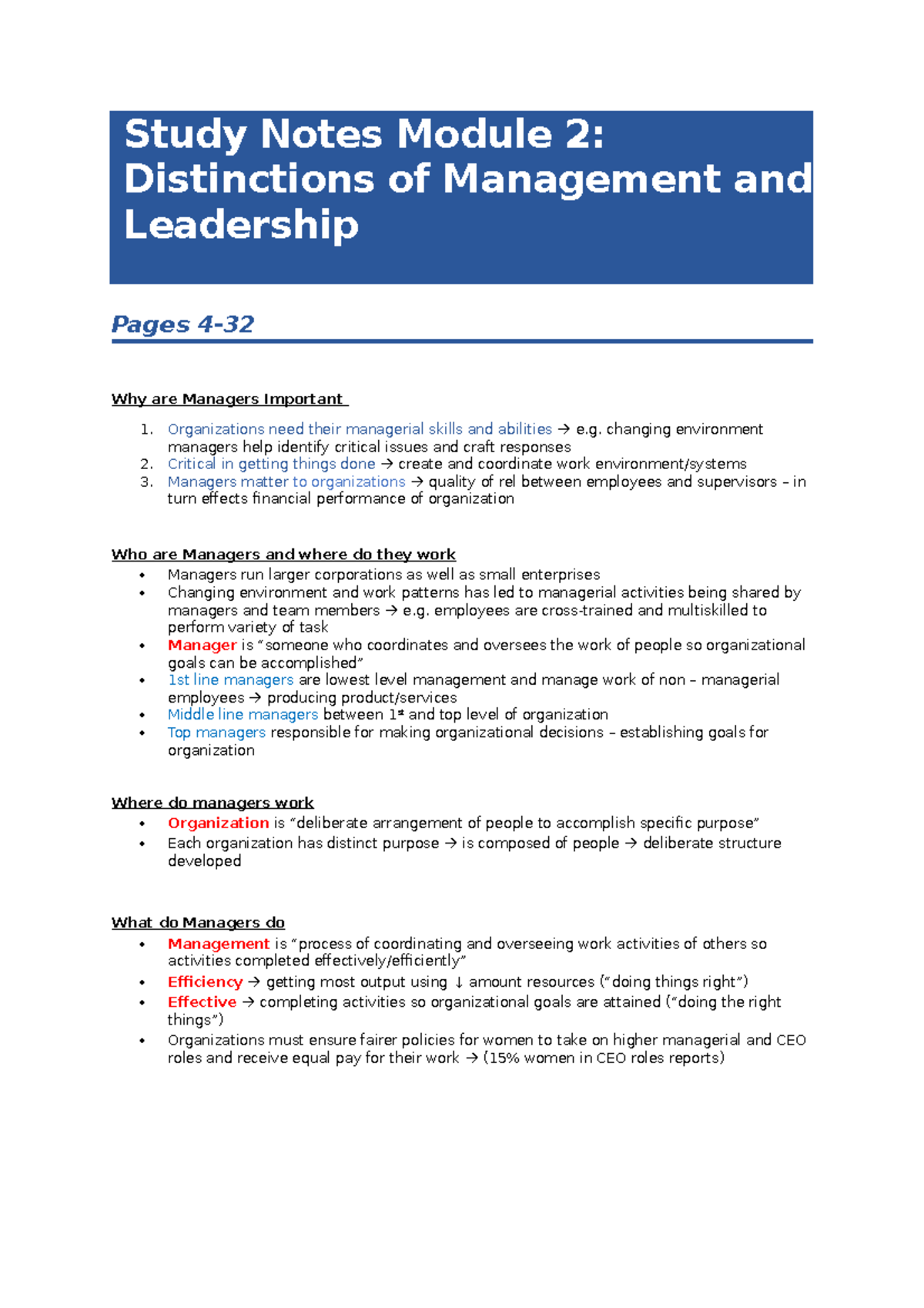 Study Notes Module 2 - Distinctions of Management and Leadership ...