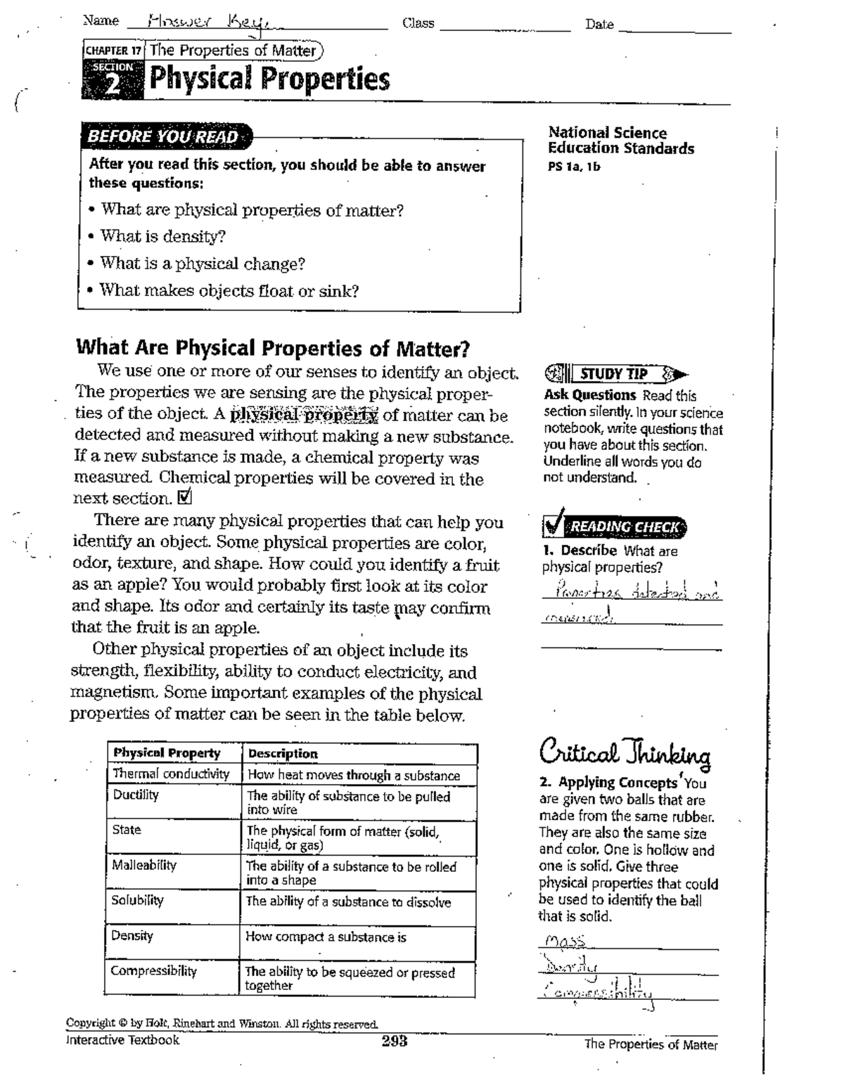 Packet - physical properties - key - Name Hnswer Key, Class Date ...