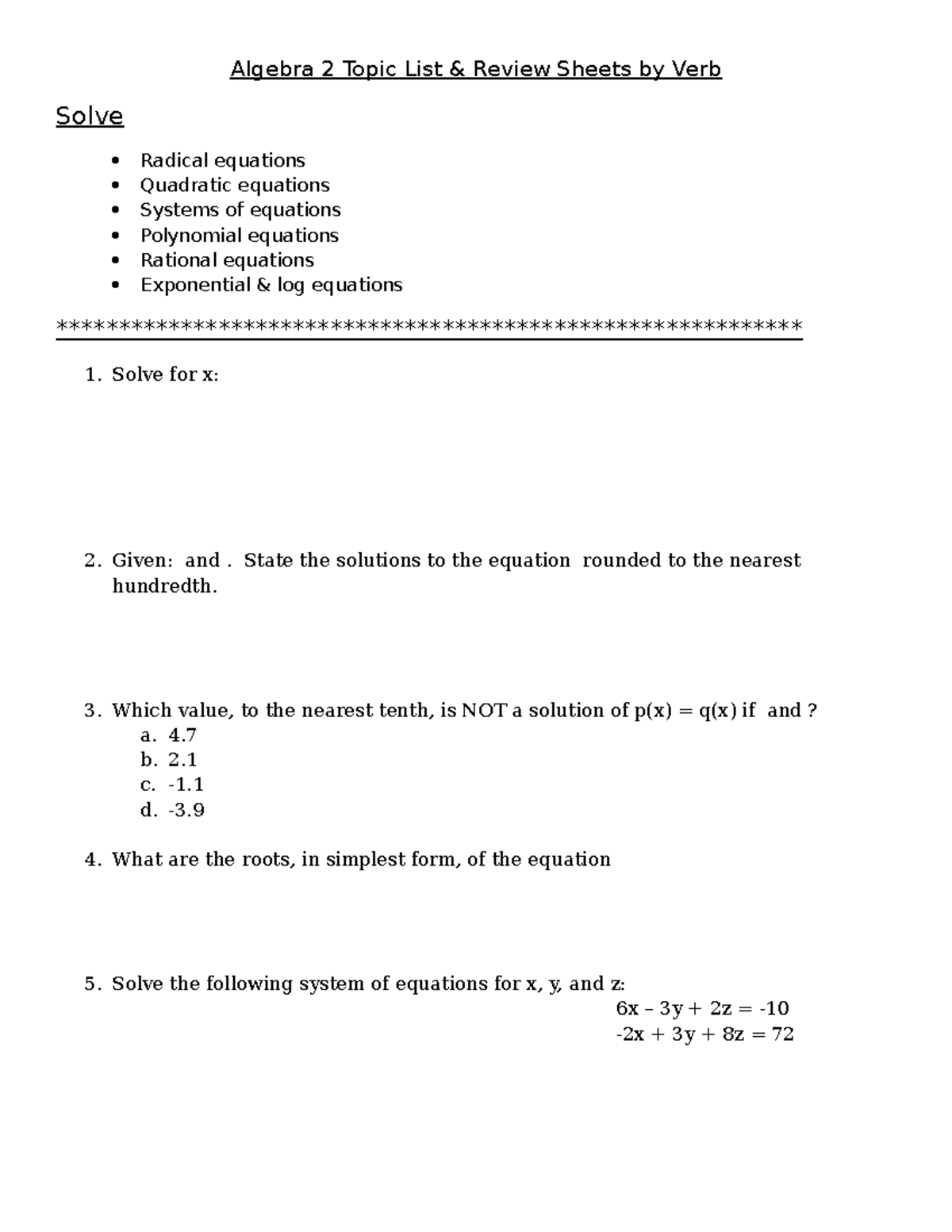 2018 verbs review sheet - Algebra 2 Topic List & Review Sheets by Verb ...