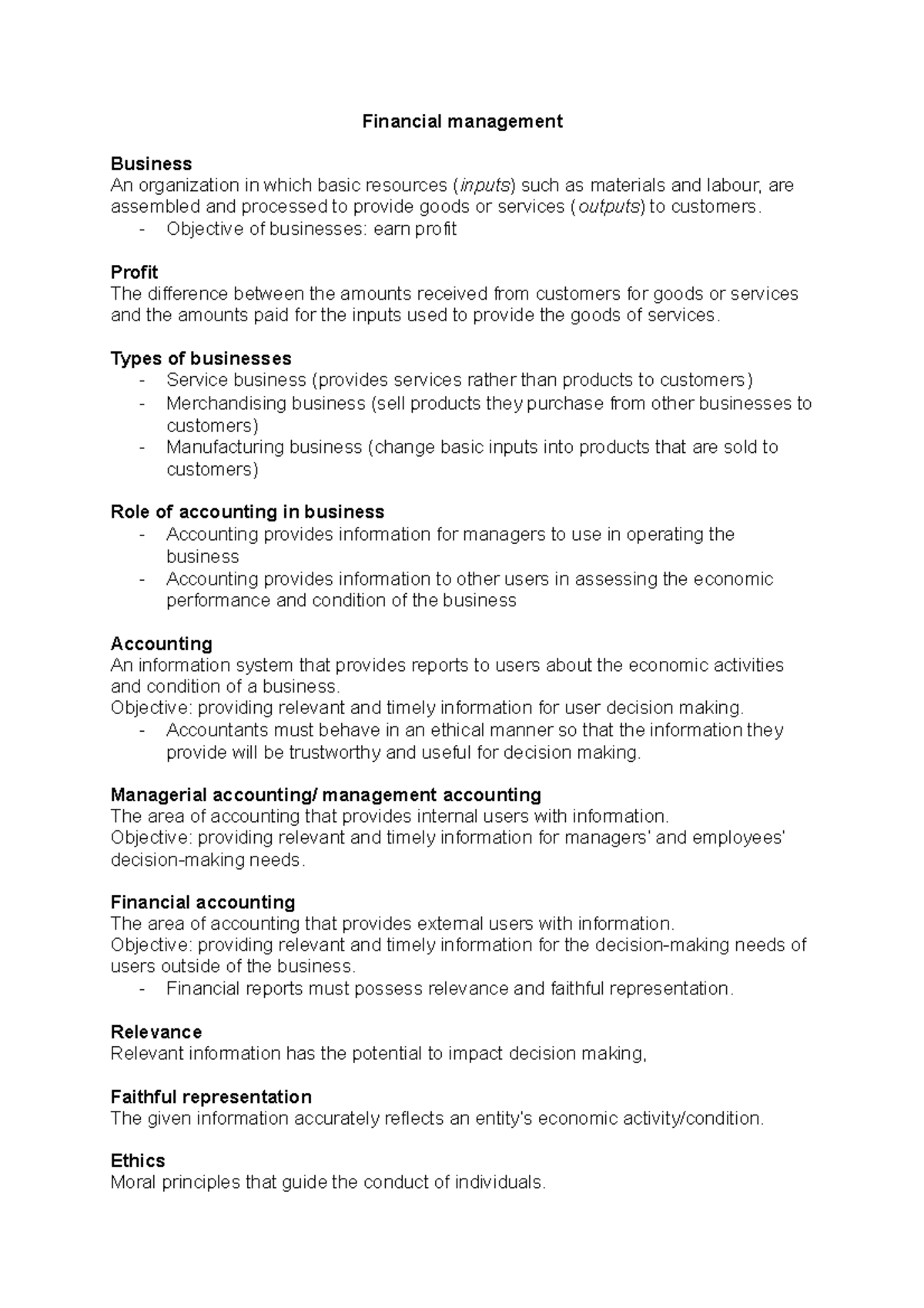 FM summary - 28-10 - Financial management Business An organization in ...